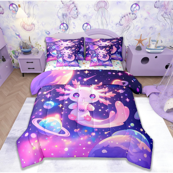 Manfei Kids Cute Axolotl 7 Pieces Bedding Comforter Set,Galaxy Planet ...