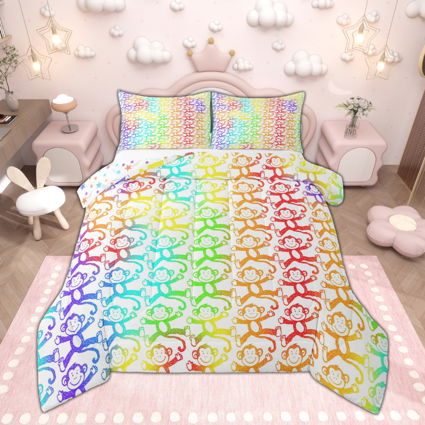 Manfei Kids Funny Monkey Queen Comforter Set, Rainbow Gradient Wildlife ...