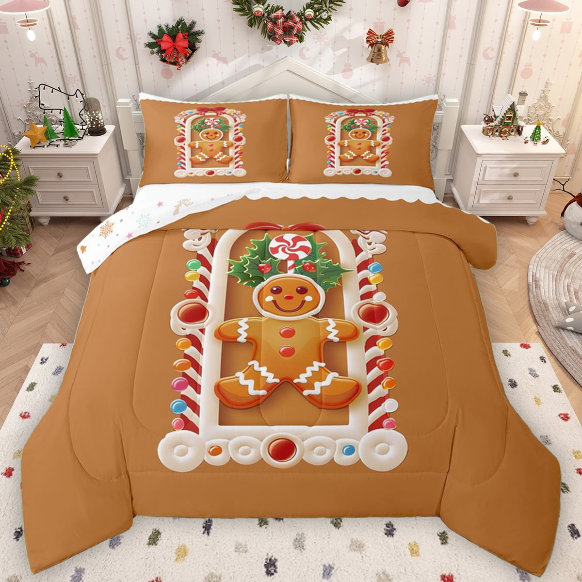 Manfei Kids Gingerbread Man Queen Comforter Set, Kawaii Xmas Cartoon ...