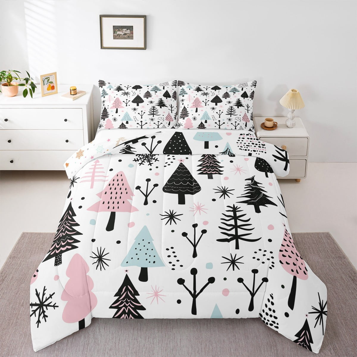 Manfei Kids Happy Christmas Queen Comforter Set, Pink Xmas Tree Bedding ...