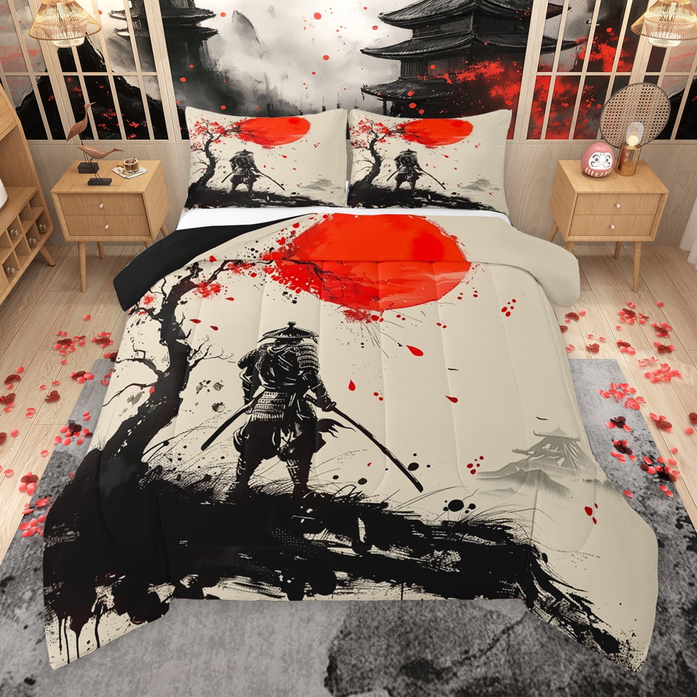 Manfei Kids Japanese Samurai Full Size Comforter Sets, Wheat Red Ink ...