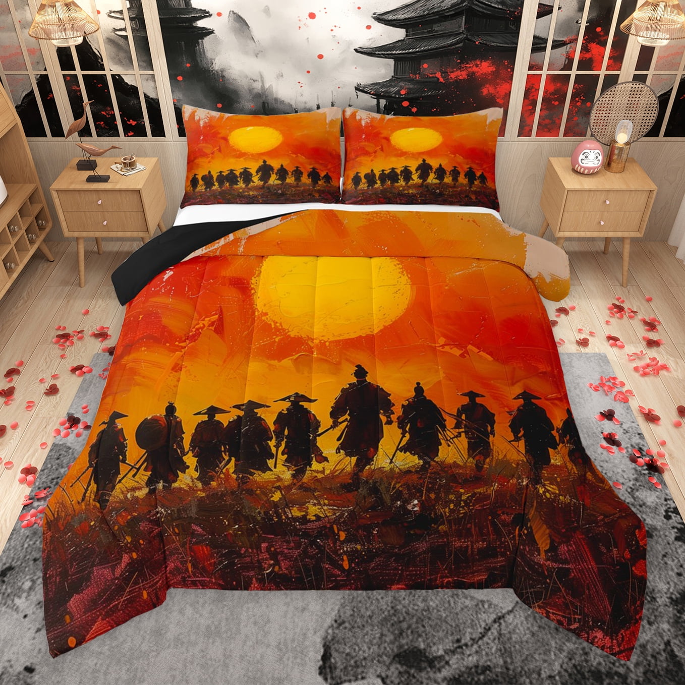 Manfei Kids Japanese Samurai Queen Comforter Set, Black Orange Oil ...