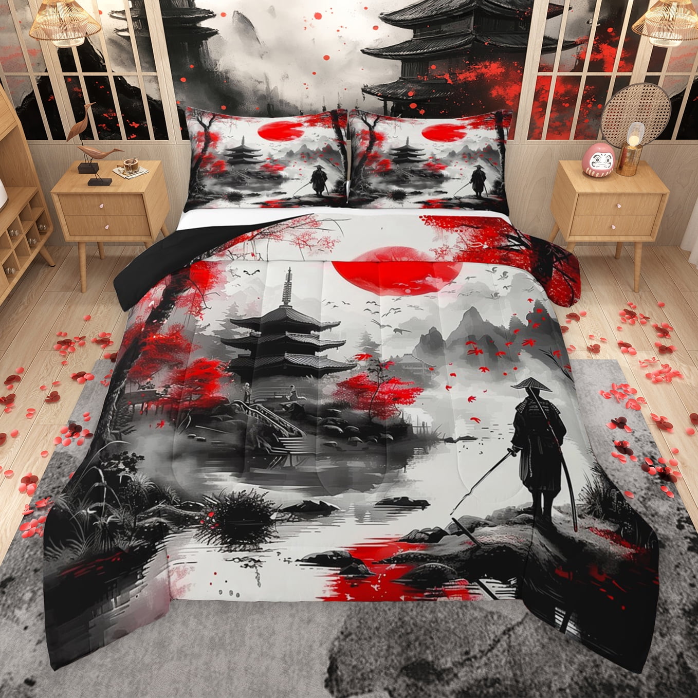 Manfei Kids Japanese Samurai Queen Comforter Set, Grey Red Ink Art ...