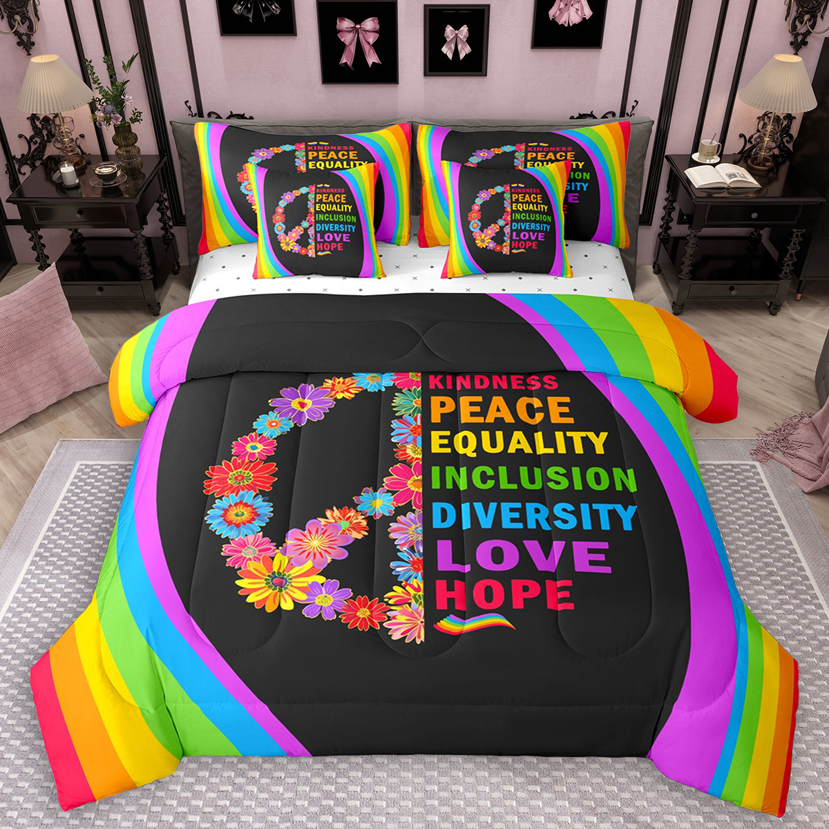 Manfei Kids Rainbow Twin Bedding Sets 7pcs, Flower Love Sign Bedding ...