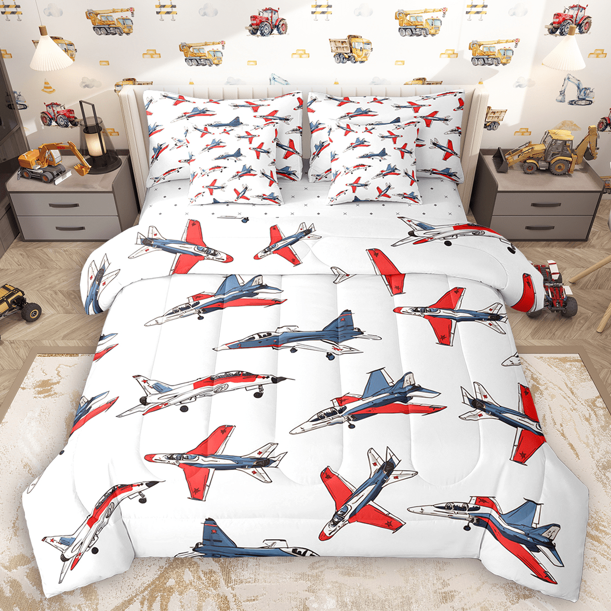 Manfei Kids Red Aircraft Bedding Comforter Set 7pcs, Cartoon Airplane ...