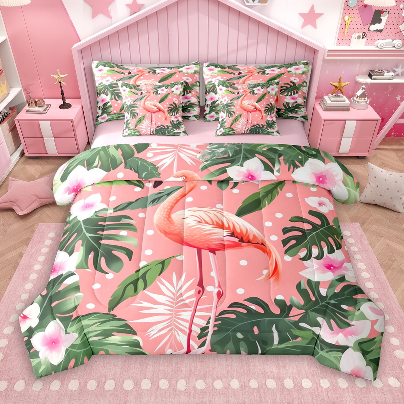 Manfei Kids Salmon Flamingo 7 Pieces Bedding Comforter Set, Tropic Palm ...