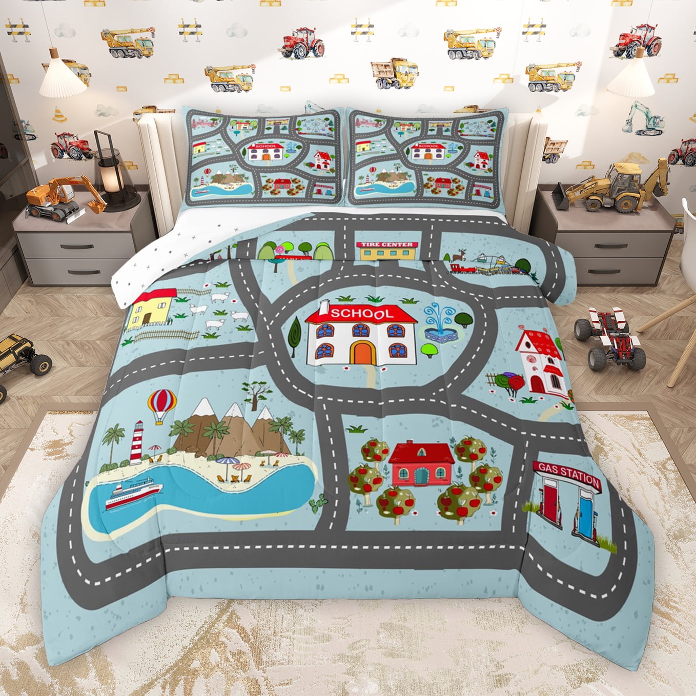 Manfei Kids School Queen Comforter Set, Cartoon Street Lines Bedding ...