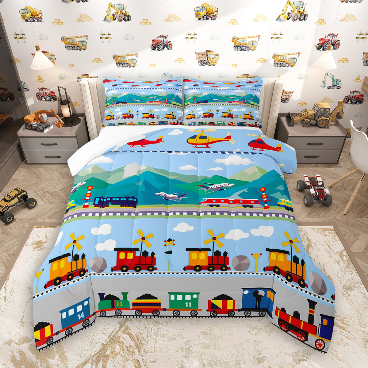Manfei Kids Transportation Queen Comforter Set 3 Pieces, Helicopter ...
