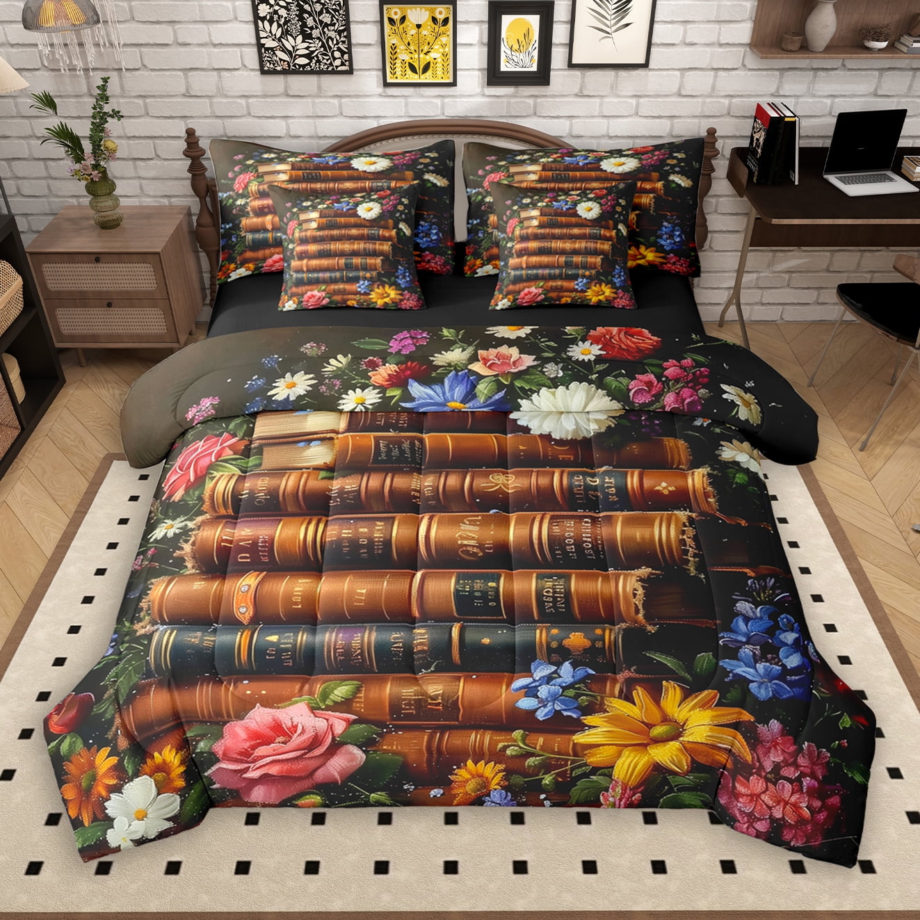 Manfei Kids Vintage Books 7pcs Bedding Comforter Set, Bohemian Rose ...