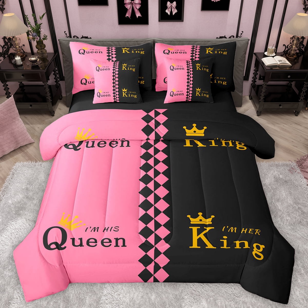 Manfei King Queen Crown Bedding Comforter Set 7pcs for Girl, Couple ...