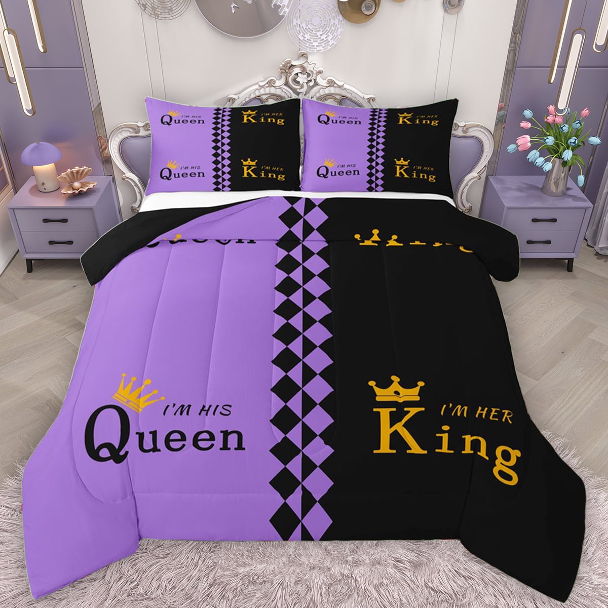 Manfei King and Queen Full Size Comforter Sets for Couple, Black Purple ...