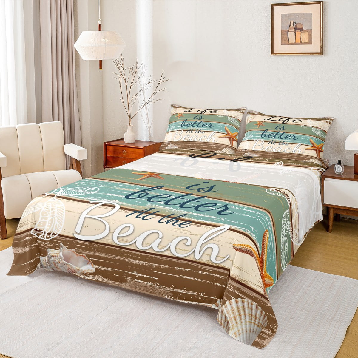 Manfei Lake House Bed Sheets King, Beach Seashell King Sheet Sets ...