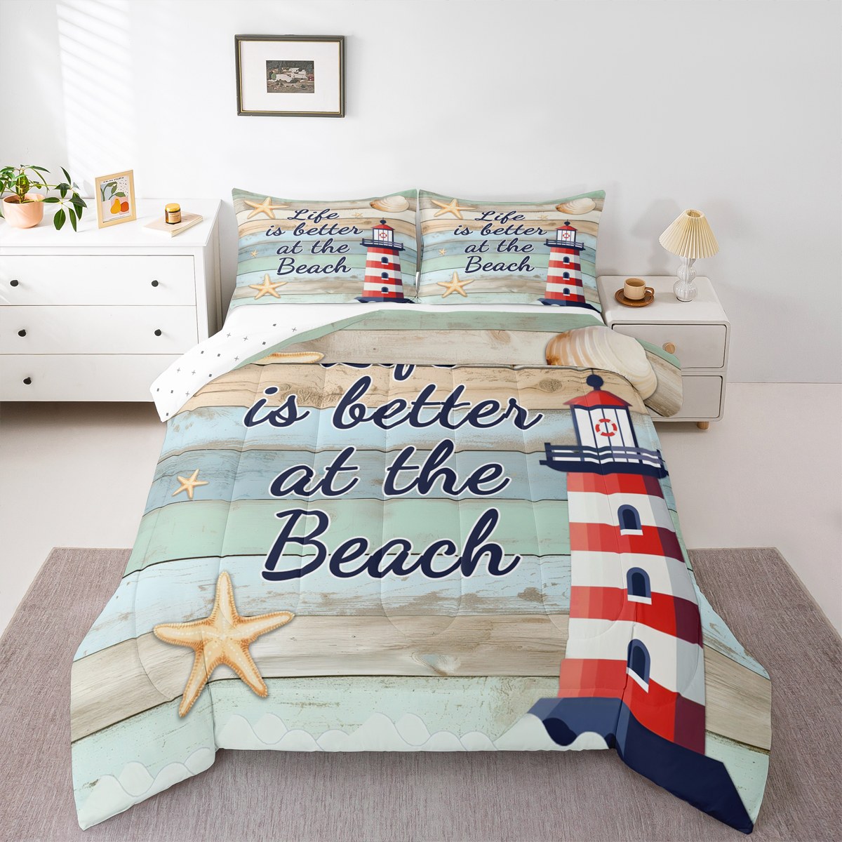 Manfei Lake House Bedding King Comforter Set, Beach Seashell Down ...