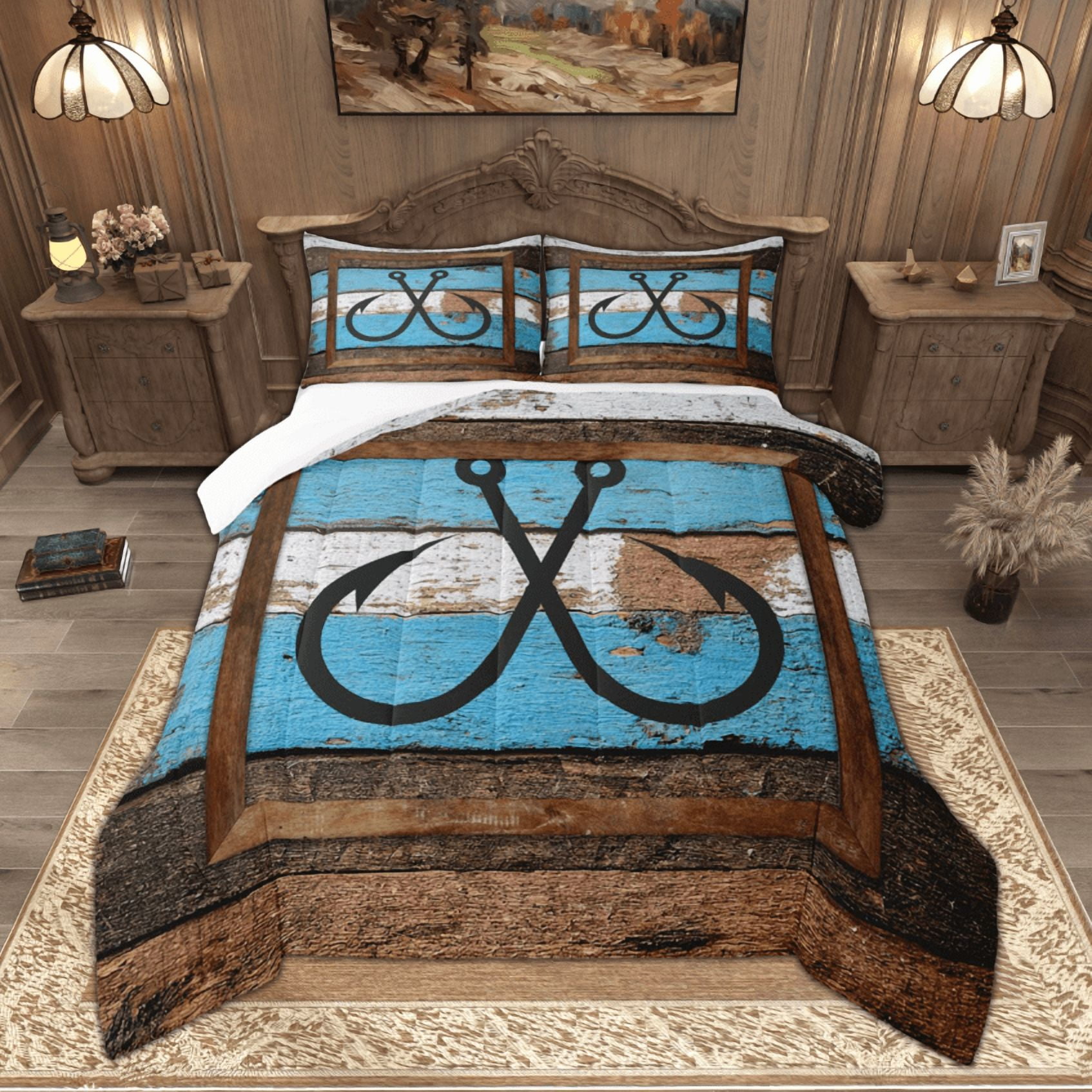 Manfei Lake House Fishhook Queen Comforter Set, Rustic Farmhouse ...