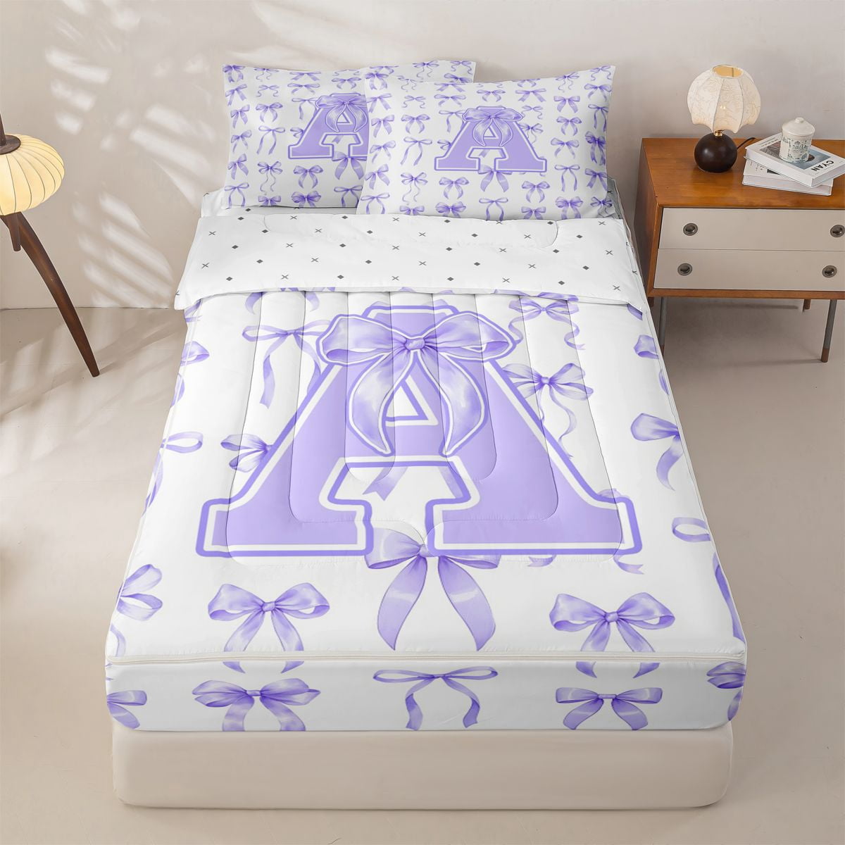 Manfei Lavender Bow Zipper Twin Comforter Sets with Fitted Sheet and 2 ...