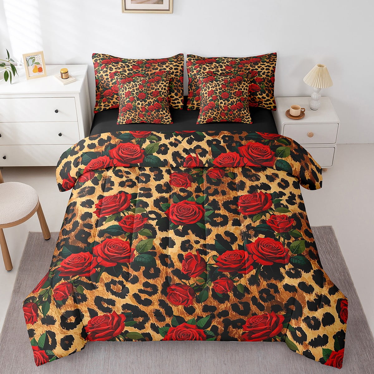 Manfei Leopard Print 7pcs Bedding Comforter Set,Red Rose Queen Bedding ...