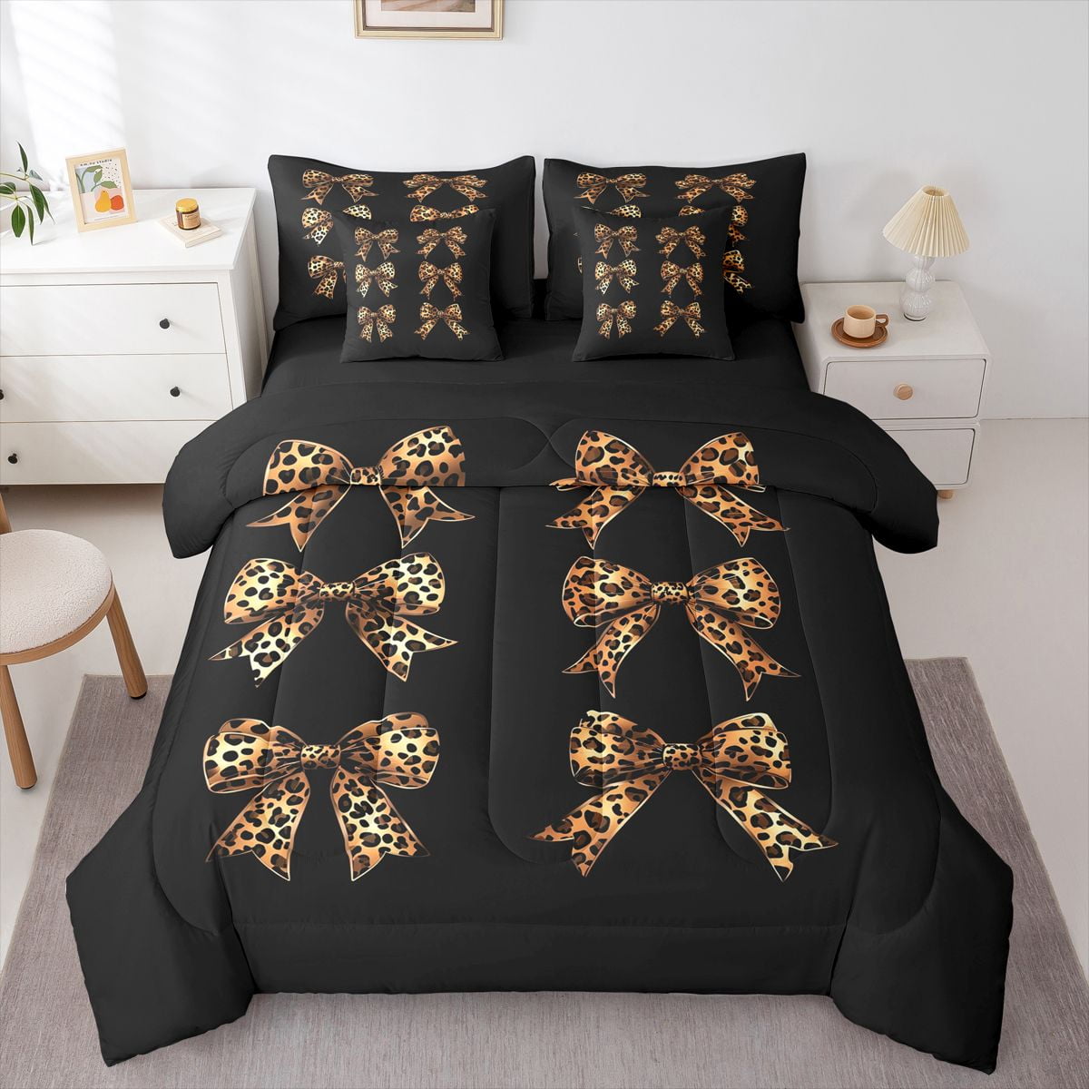 Manfei Leopard Print Bow Bedding Comforter Set 7 Pieces for Female Men ...