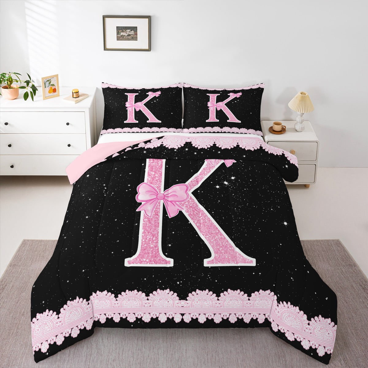 Manfei Letter K Monogrammed Bedding Comforter Set,Pink Bow Bowtie Twin ...