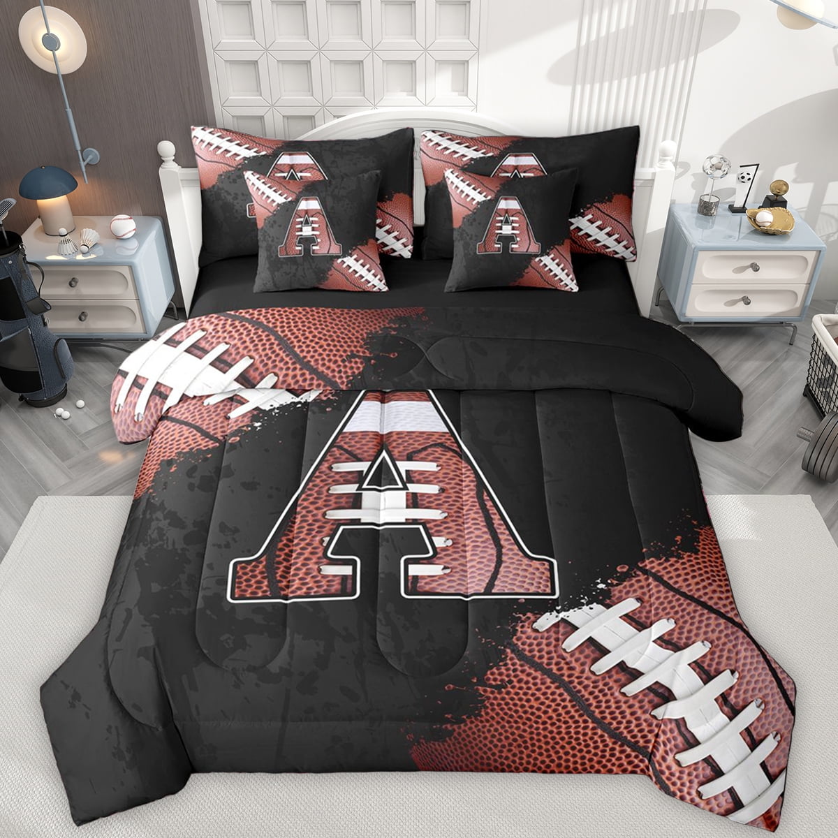 Manfei Letter A Monogrammed 7pcs Bedding Comforter Set,Rugby Game Queen ...