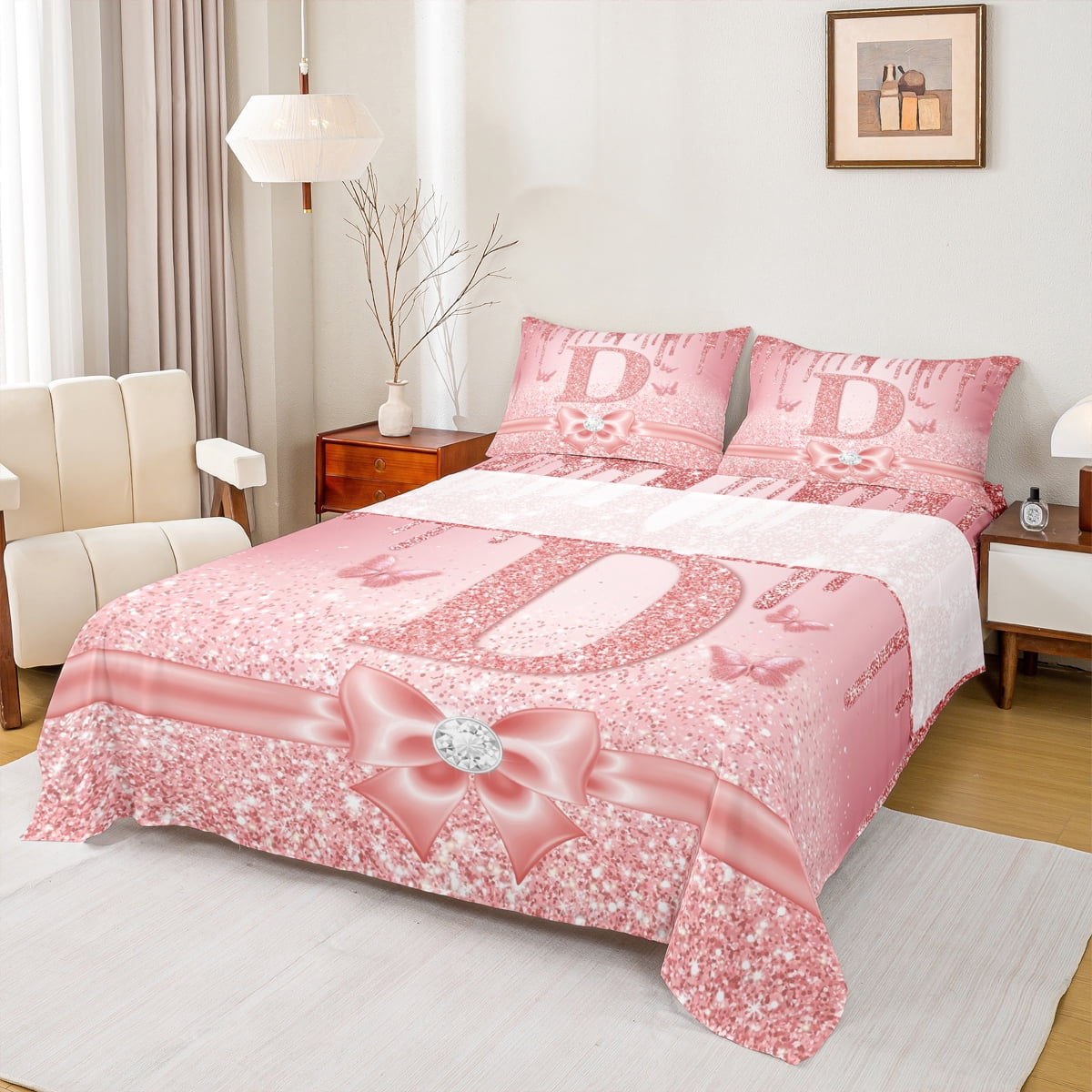 Manfei Letter Monogrammed Initial D Girl 3pcs Twin Sheet Sets,Kawaii ...