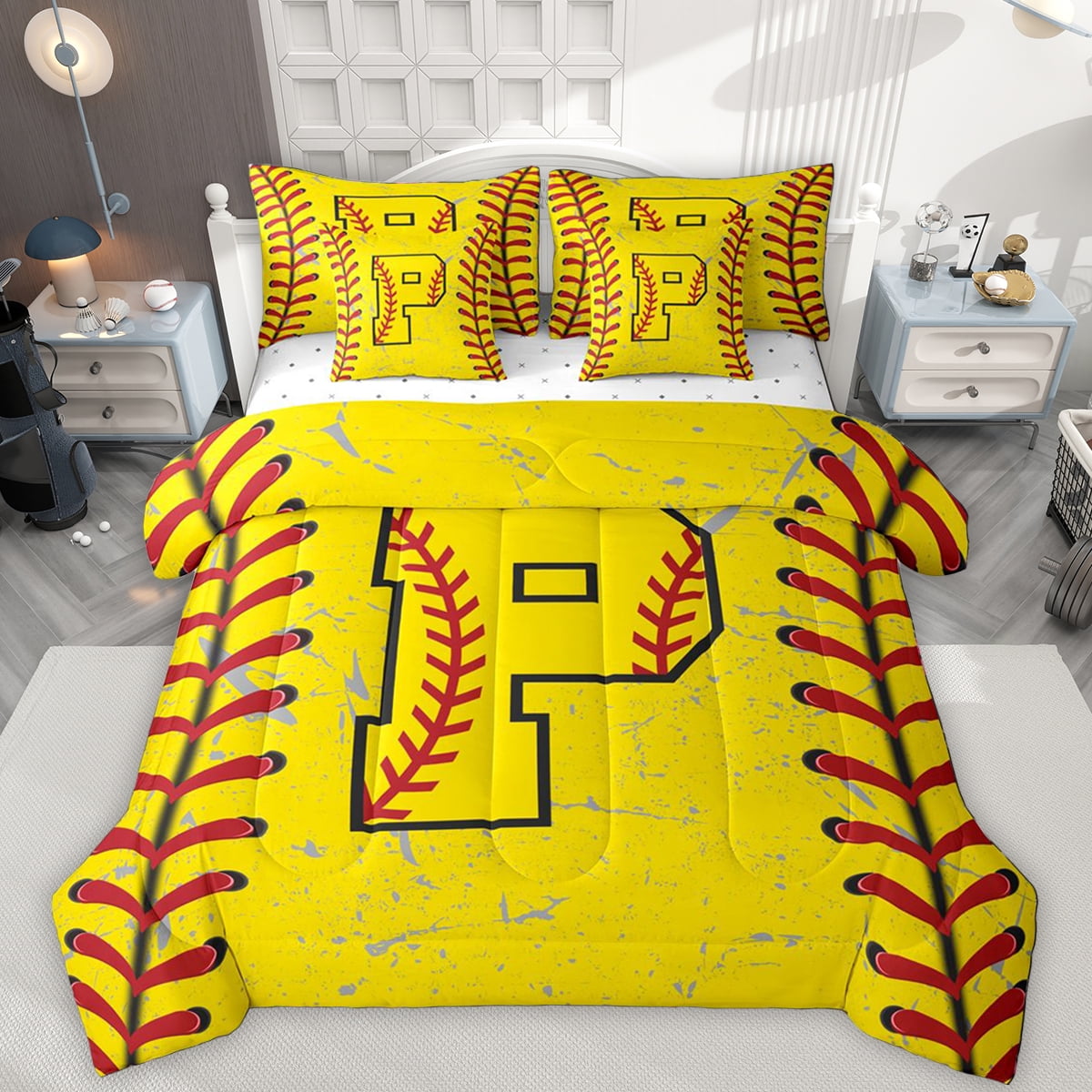 Manfei Letter P Monogrammed 7-Piece Twin Bedding Sets,Baseball Game ...