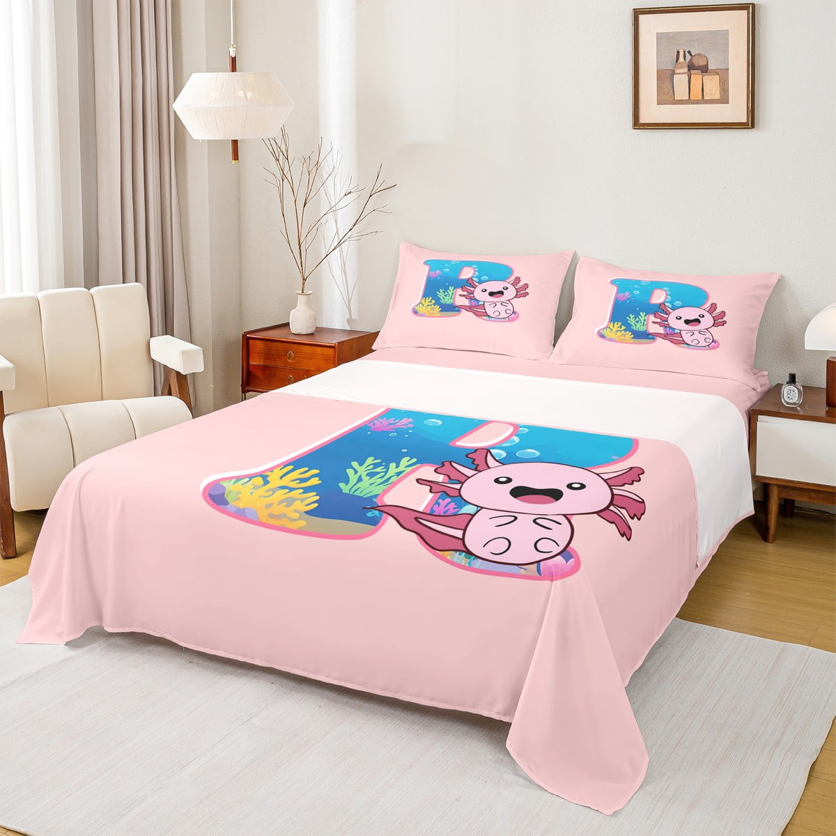 Manfei Letter R Monogrammed Full Size Sheets,Kawaii Axolotl Bed Sheets ...