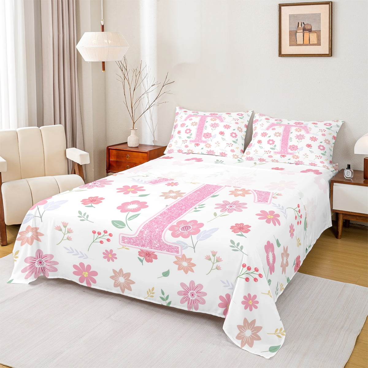 Manfei Letter T Monogrammed Bed Sheets,Kawaii Daisy Blossom King Sheets ...