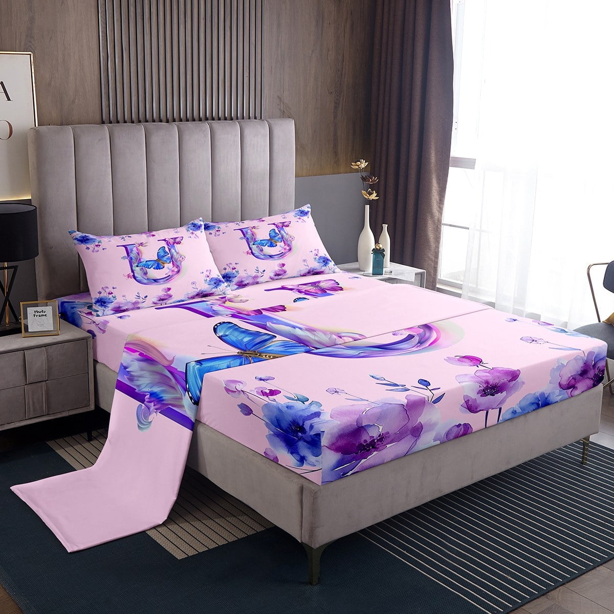 Manfei Letter U Monogrammed Twin Sheet Sets,Watercolor Rustic Flowers ...