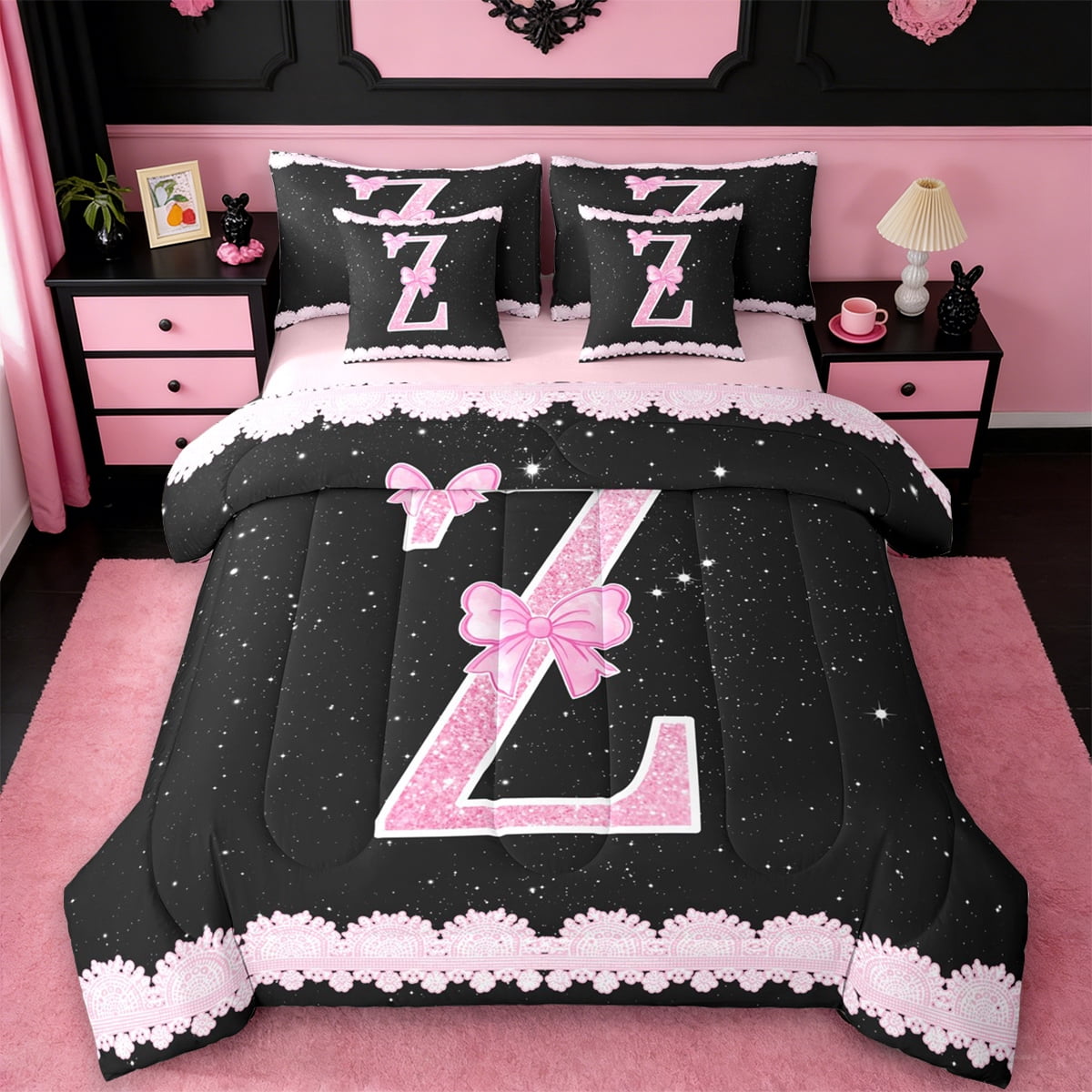Manfei Letter Z Monogrammed 7-Piece Twin Bedding Sets,Pink Bow Bowtie ...