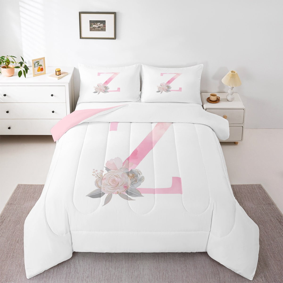 Manfei Letter Z Monogrammed Queen Comforter Set,Romantic Girls Flower ...