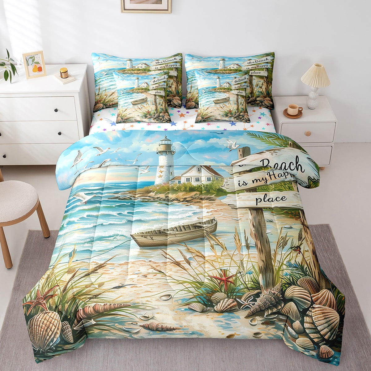 Manfei Lighthouse Bedding Twin Size,Ocean Beach Comforter Sets with ...