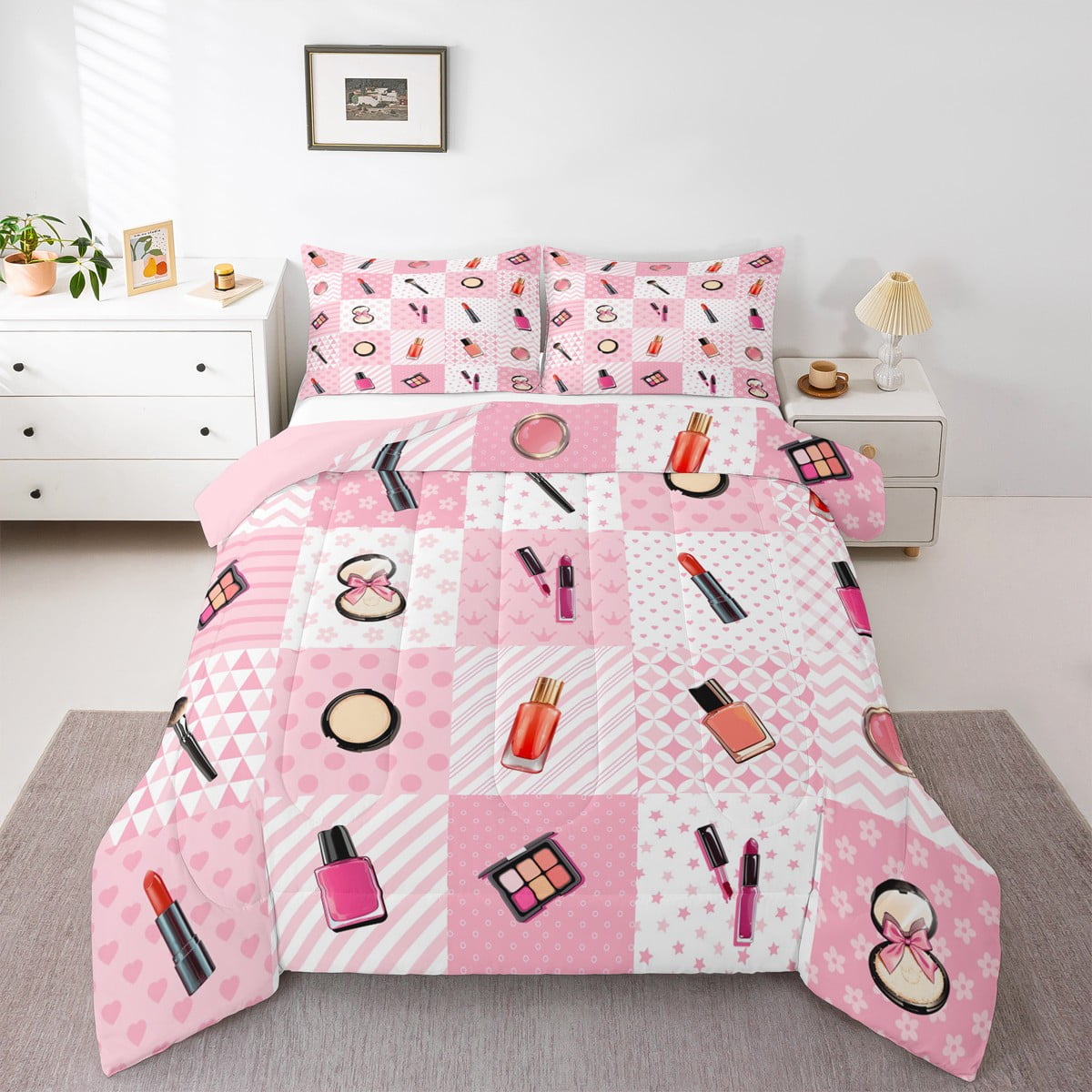 Manfei Lipstick Cosmetics King Size Comforter Sets,Geometric Plaid ...