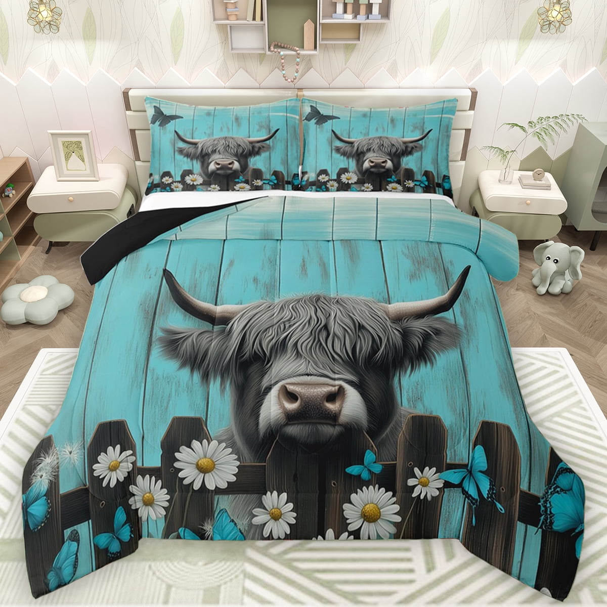 Manfei Little Rustic Cattle Queen Comforter Set for Kids, Cute Cartoon ...