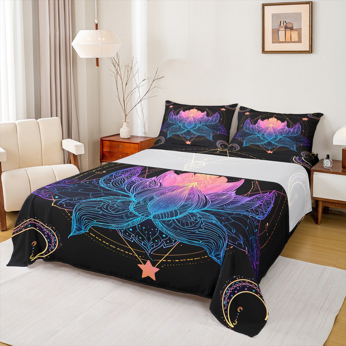 Manfei Lotus Full Size Sheets,Bohemian Flowers Bed Sheets,Mandala ...