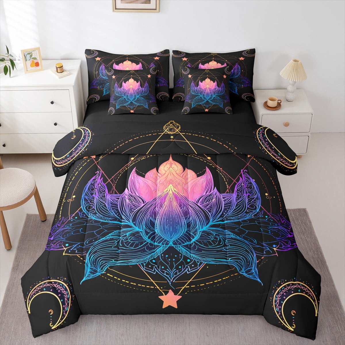 Manfei Lotus Twin Bedding Sets 7-Piece,Bohemian Flowers Bedding ...