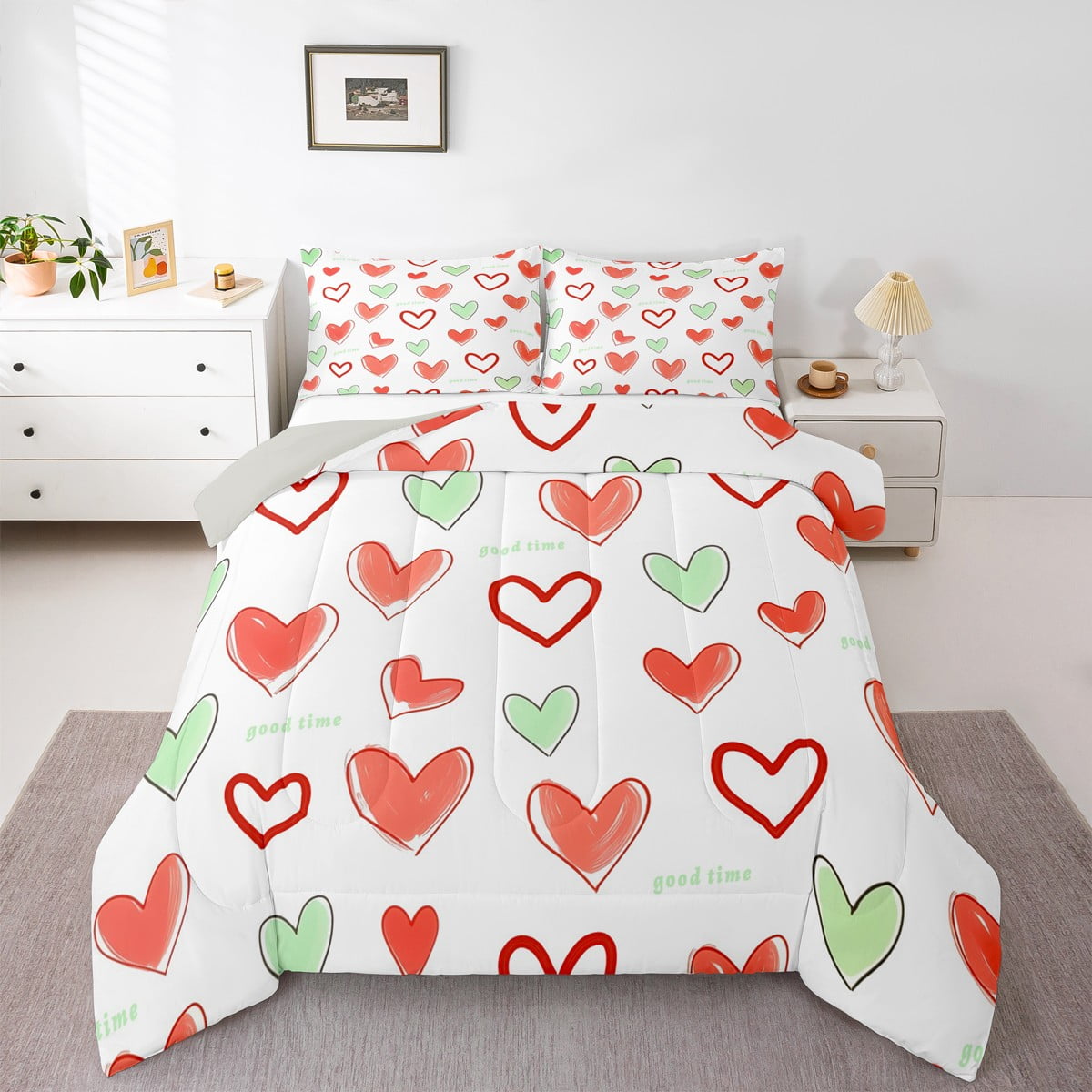 Manfei Love Heart Child Bedding Comforter Set, Red Green Cartoon Twin ...