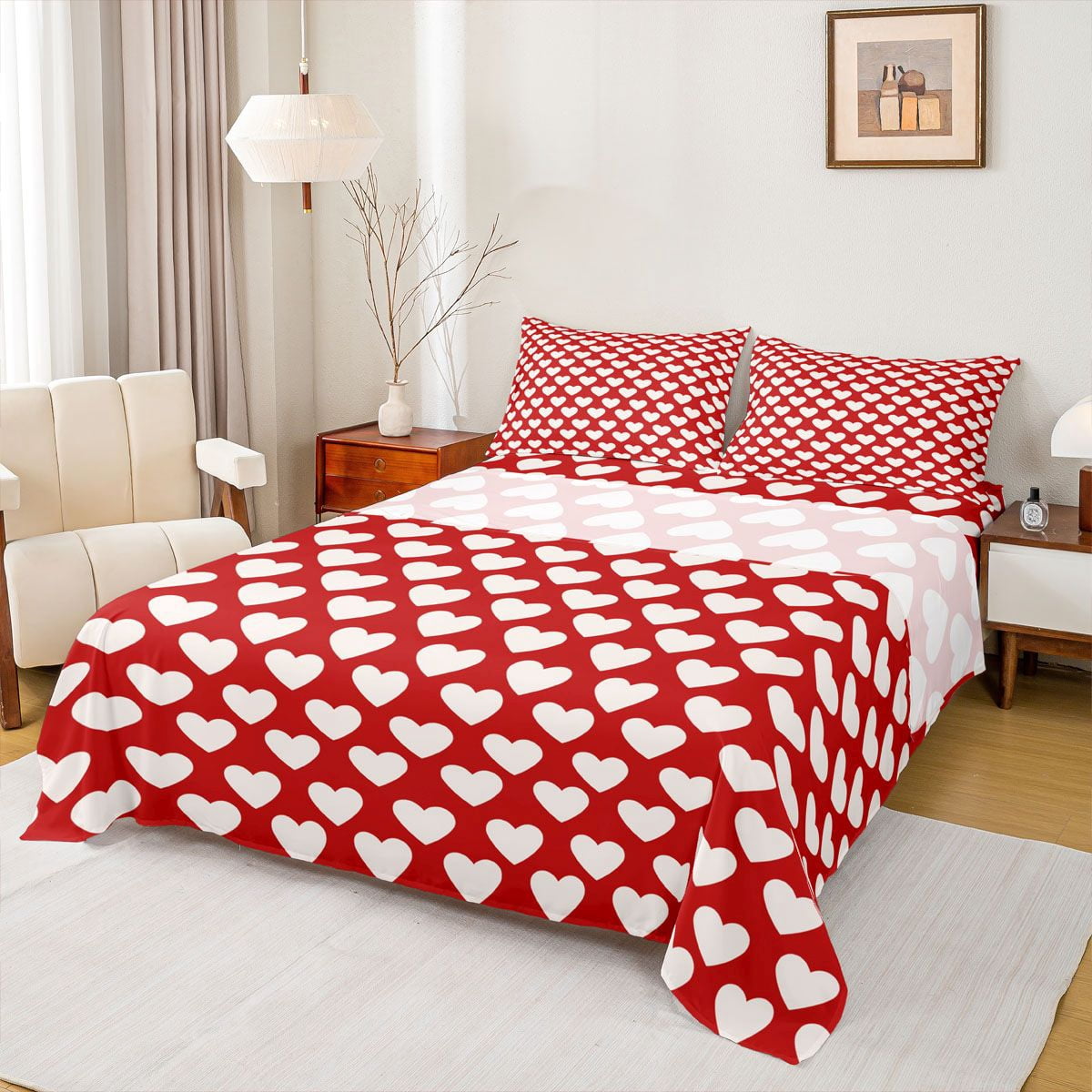 Manfei Love Heart Print 4-Piece Full Size Sheets for Teens Female Men ...