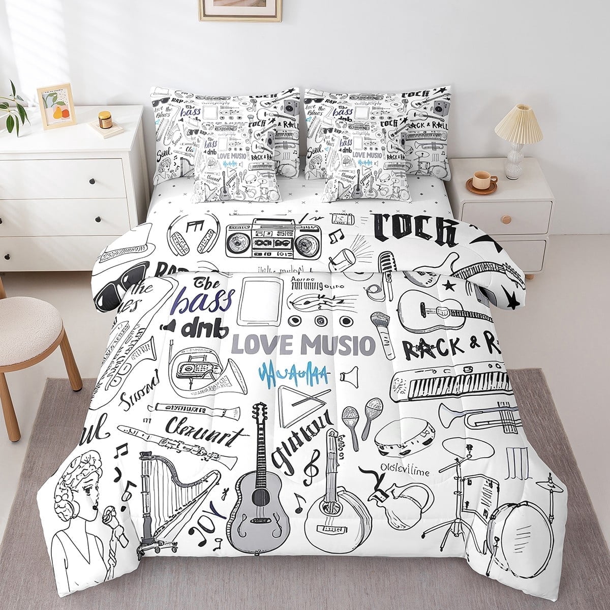Feelyou Love Music Twin Bedding Sets 7-Piece, White Black Bedding ...