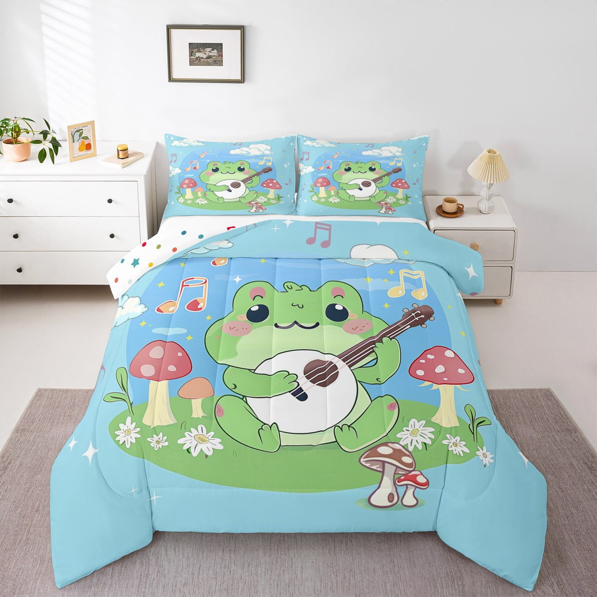 Manfei Lovely Frog Mushroom Queen Comforter Set,Cute Daisy Flower ...