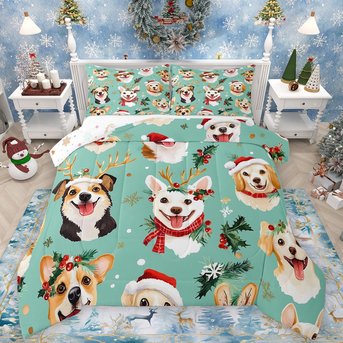 Manfei Lovely Puppy Dog Queen Comforter Set,Merry Christmas Bedding ...