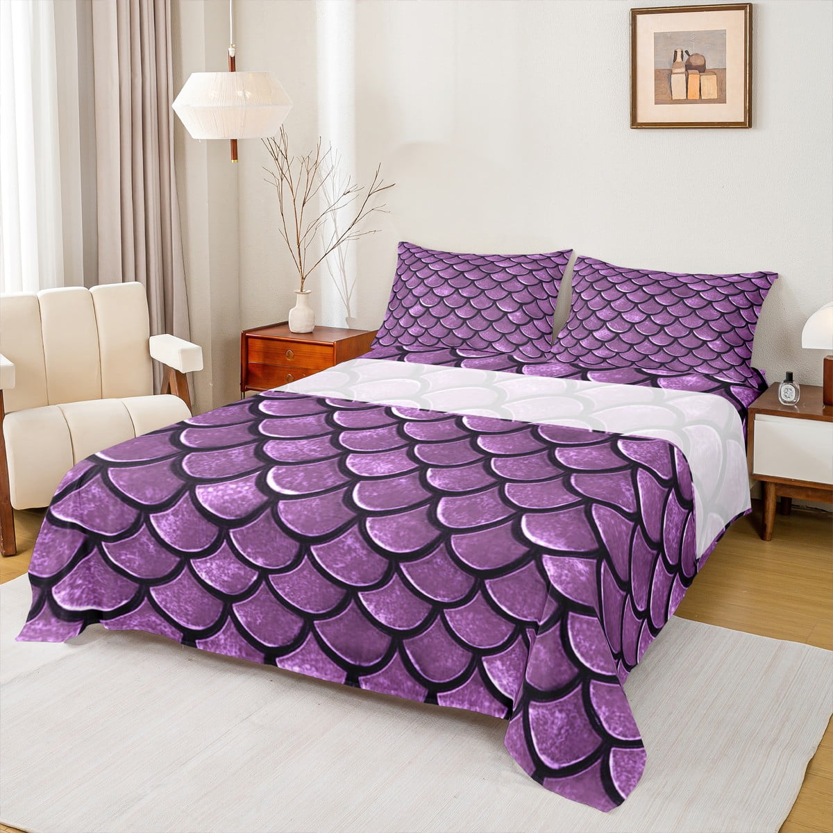 Manfei Magic Animal Mermaid Queen Sheet Sets,Purple Fish Scales Flat ...