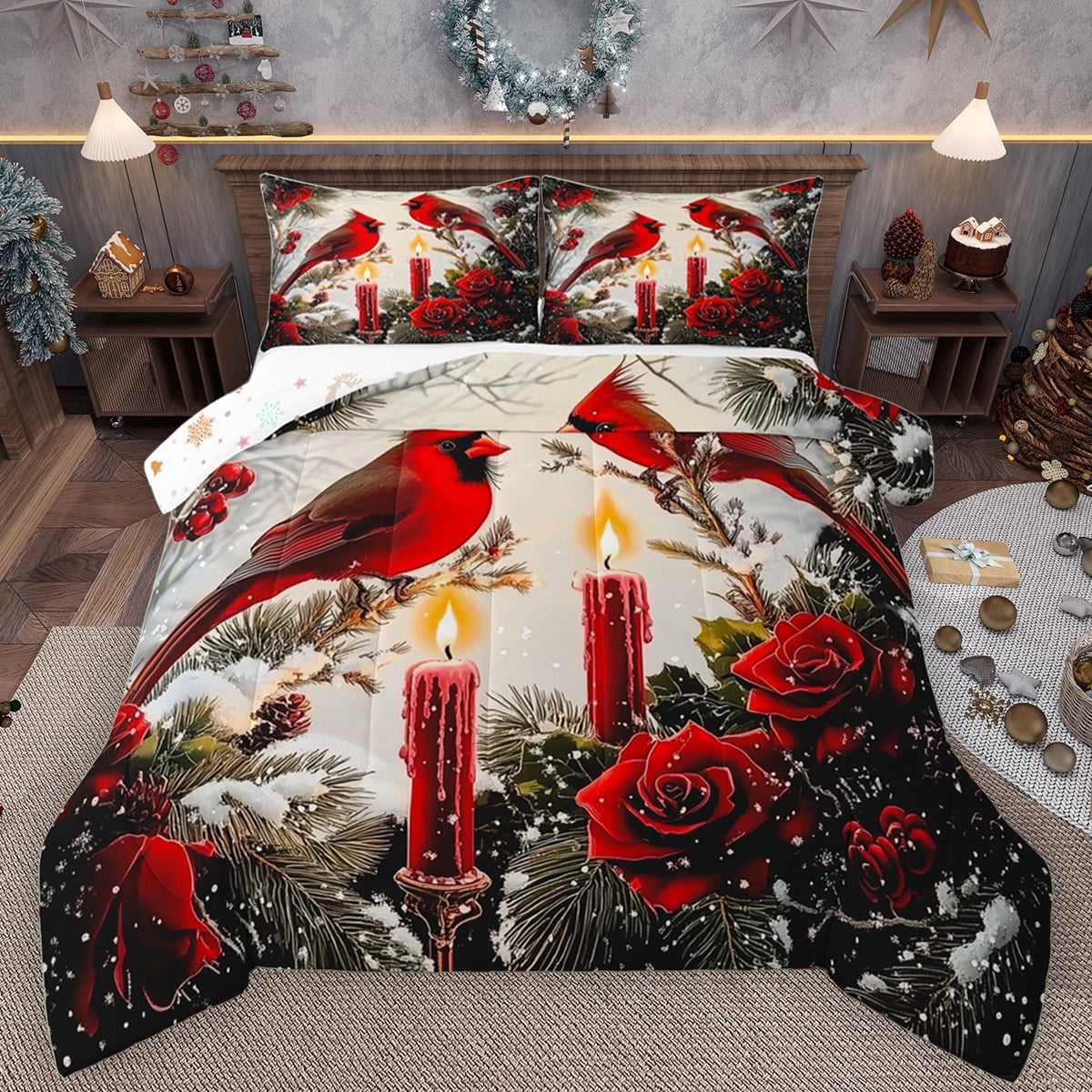 Manfei Magic Christmas Bird Queen Comforter Set, Red Xmas Poinsettia ...