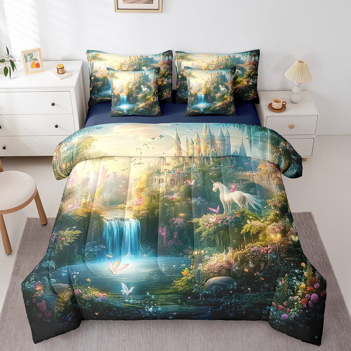 Manfei Magic Unicorn Bedding Full Size,Princess Castle Comforter Sets with Sheets,Waterfall ...