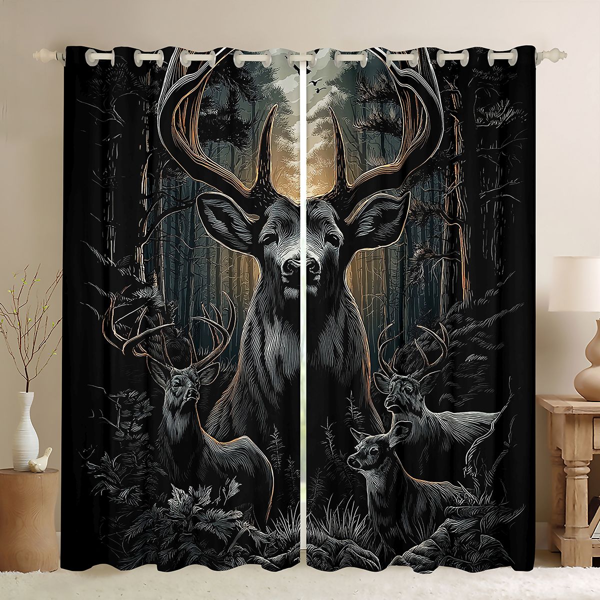 Homewish Magical Moose Elk Deer Black Out Curtains, Rustic Wildlife ...