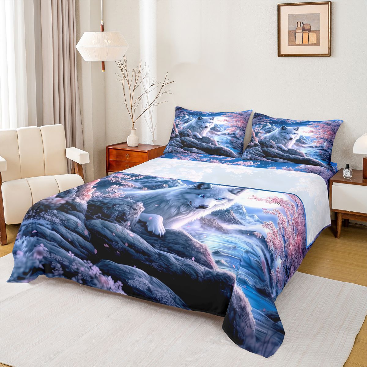 Homewish Magical Wolf Wildlife Bed Sheets for Teens, Japanese Cherry ...