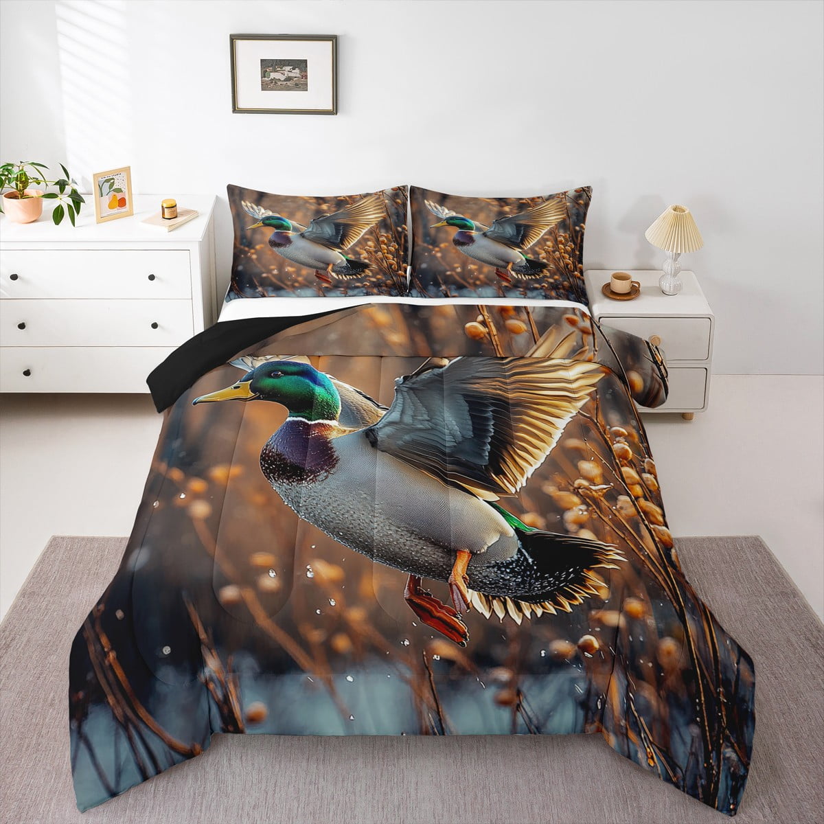 Manfei Mallard Duck 3pcs King Size Comforter Sets,Rustic Animal Bedding Comforter Set,Hunting ...