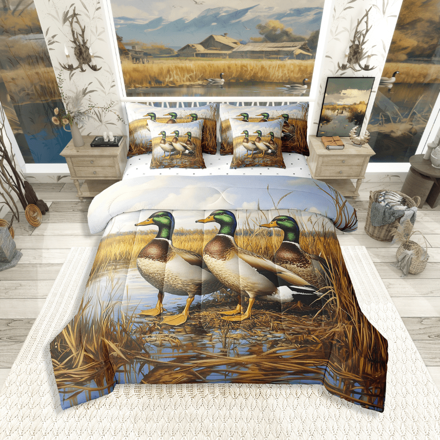 Manfei Mallard Duck 7pcs Bedding Comforter Set,Rustic Cabin Queen Bedding Sets Super Cozy,Animal ...