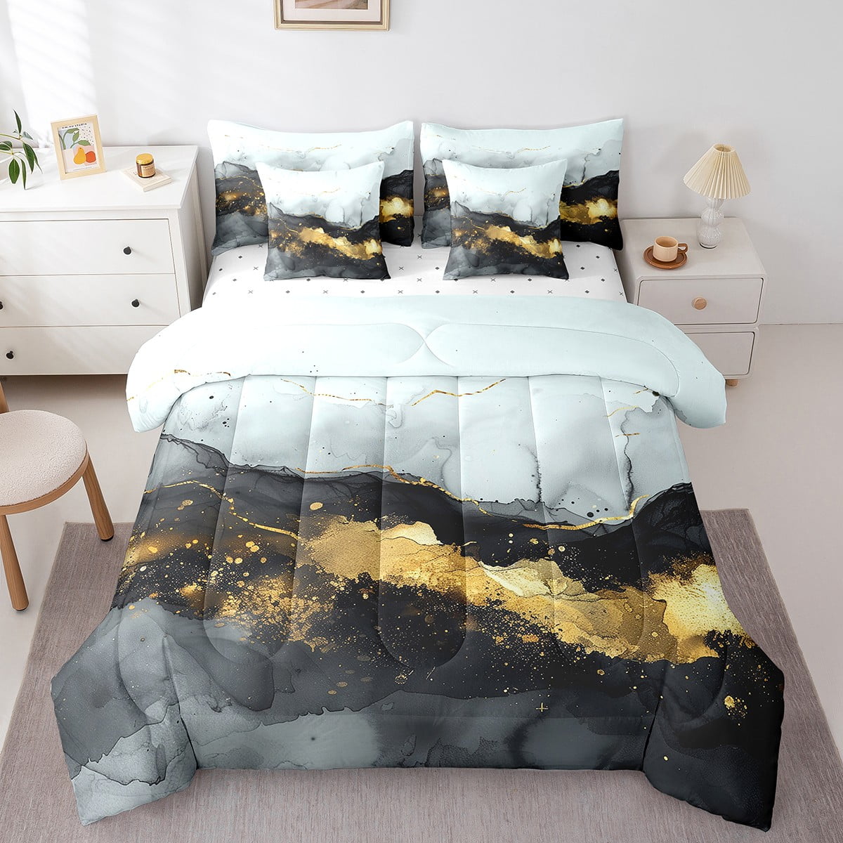 Manfei Marble Texture Road 7-Piece Bedding Comforter Set,Black Gold ...
