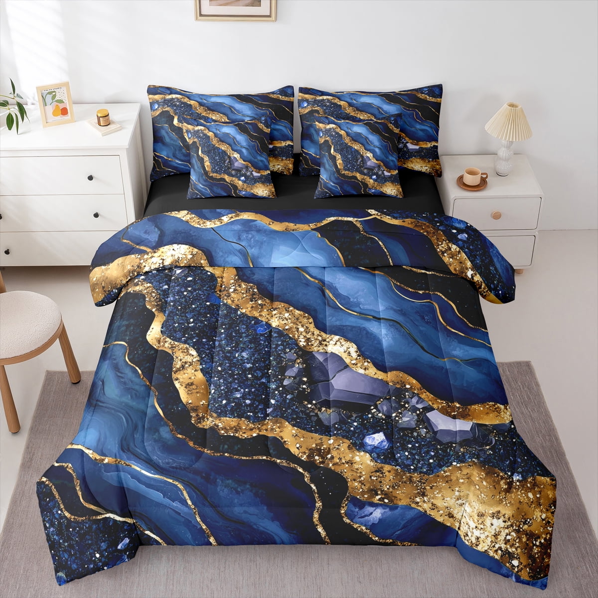 Manfei Marble Texture Road 7-Piece Bedding Comforter Set,Blue Gold ...