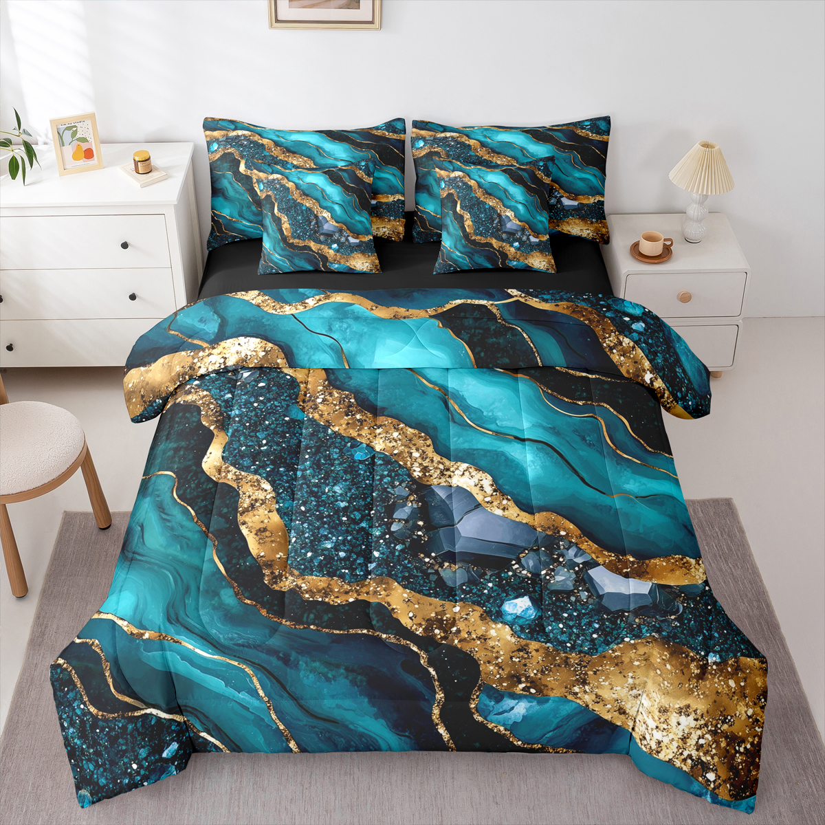 Manfei Marble Texture Road 7-Piece Bedding Comforter Set,Blue Gold King ...